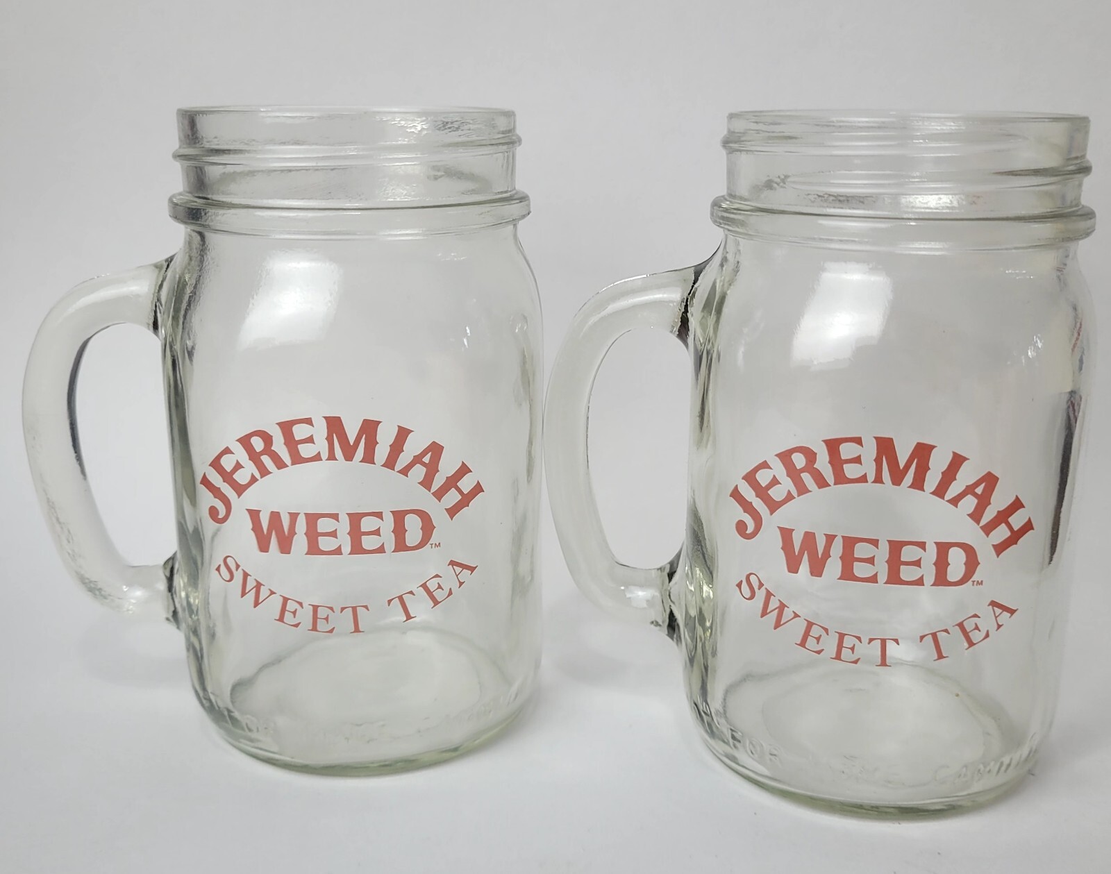 2pc JEREMIAH WEED SWEET TEA MASON JAR 16oz GLASSES LOT MUG HANDLE LOGO ...