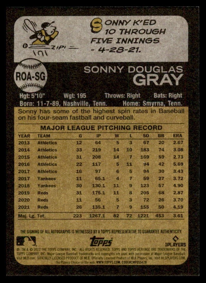 2022 Topps Heritage High Number - Real One Autographs Sonny Gray #ROA ...