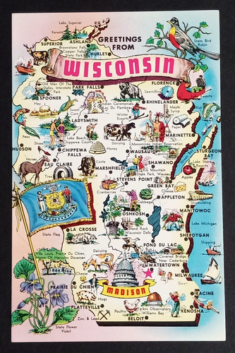 Greetings from Wisconsin WI Large Letter State Map Tichnor UNP Postcard ...