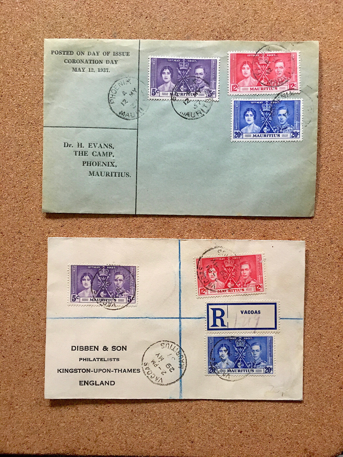MAURITIUS 1937 CORONATION COVERS WITH PHOENIX AND VACOAS POSTMARKS (2 ...