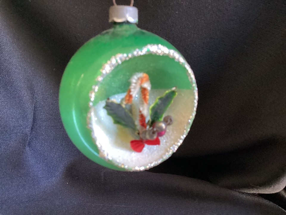 Vintage Japan Green Glass Candy Cane & Holly Diorama Ornament | eBay