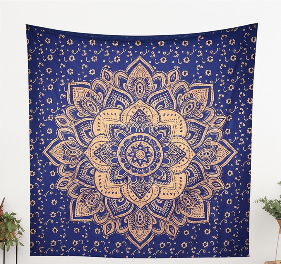Indian Blue Gold Ombre Mandala Wall Hanging Décor Tapestry Queen ...