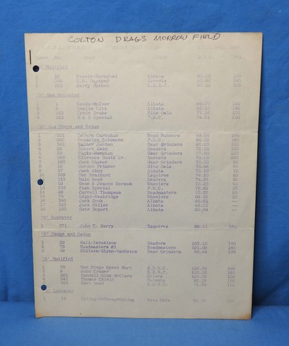 Rare! Original 1955 S.C.T.A. Colton Drag Racing Results Dean Batchelor ...