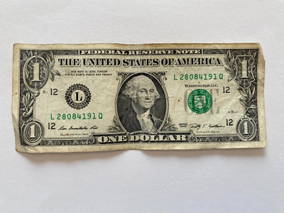 One dollar bill serial number L 28084191 Q $1 Note US Real money 2009 ...