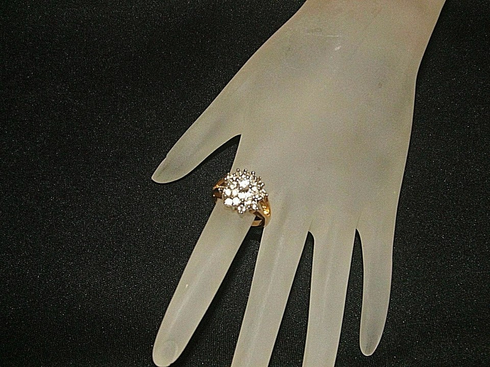 NEW MERLITE vintage 70"s CZ CLUSTER FLOWER RING LAYERED GOLD OVER METAL ...