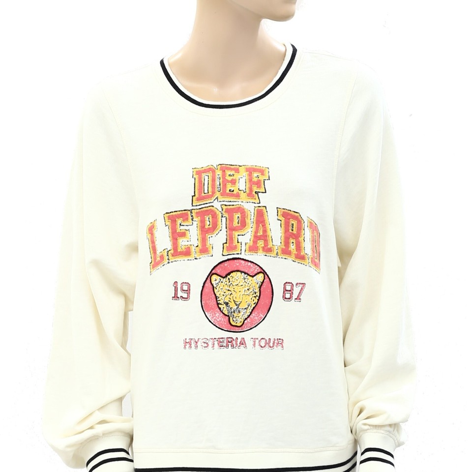 Pilcro Anthropologie Def Leppard Varsity Sweatshirt Top Oversized Ivory ...