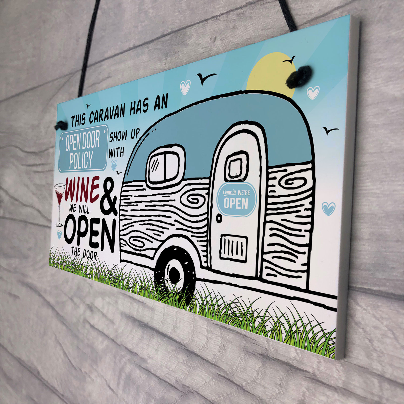 Open Door Policy Caravan Hanging Plaque Novelty Chic Camping Holiday ...