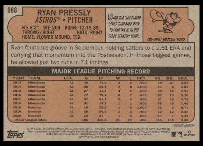 2021 Topps Heritage #688 Ryan Pressly Houston Astros Baseball Card | eBay