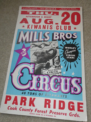 Vintage 1954 Cardboard Mills Brothers Circus Park Ridge Event Poster ...
