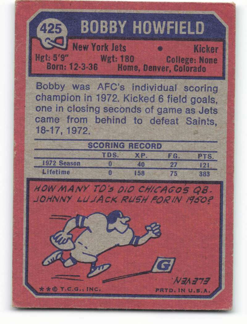 1973 Topps #425 Bobby Howfield VG Very Good NY Jets ID:239370 | eBay