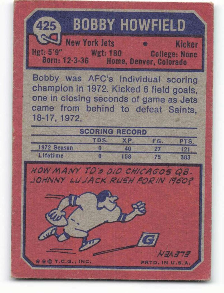 1973 Topps #425 Bobby Howfield VG Very Good NY Jets ID:239370 | eBay