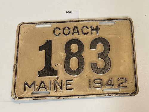 Maine 1942 COACH Reg. License Plate 183 White Black 9" Short Steel ...