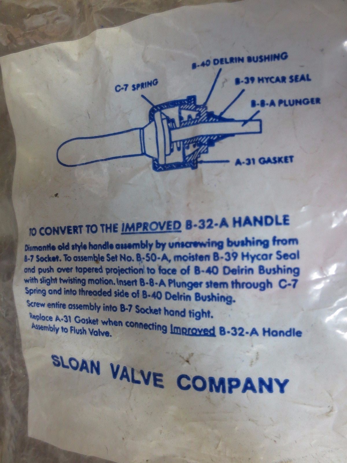SLOAN B-50-A HANDLE REPAIR KIT for B-32-A HANDLE ASSEMBLY - NEW SURPLUS ...