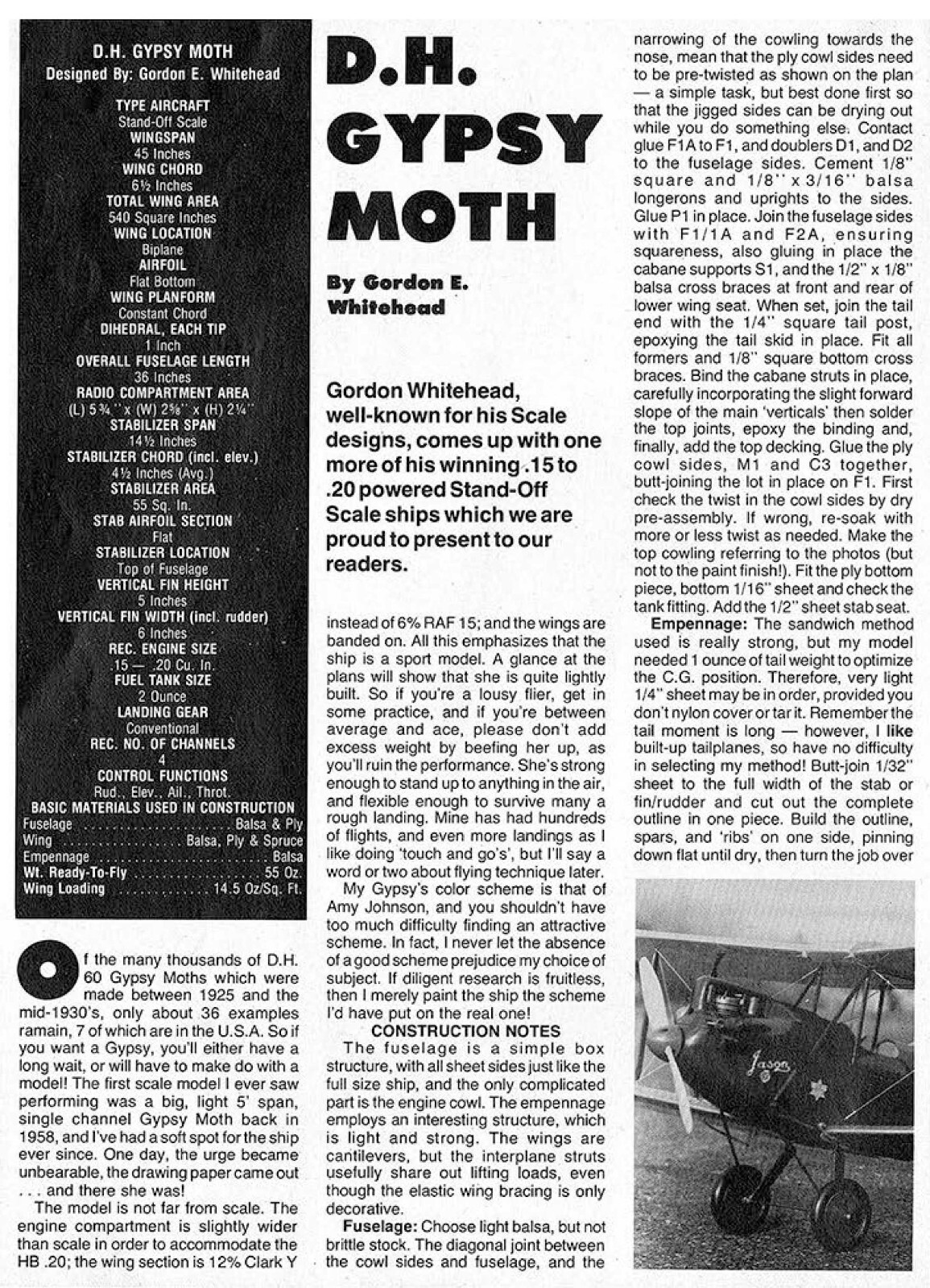 Model Airplane Plans (RC): D.H. Gypsy Moth 45" for .15-.20 Engine ...