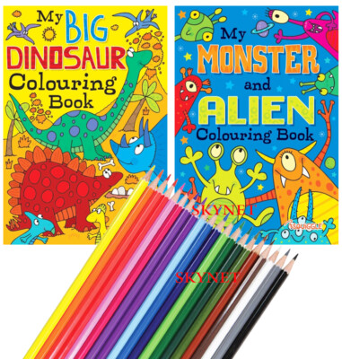 A4 CHILDREN'S DINOSAUR MONSTERS ALIENS COLOURING BOOK BOOKS PENCILS ...