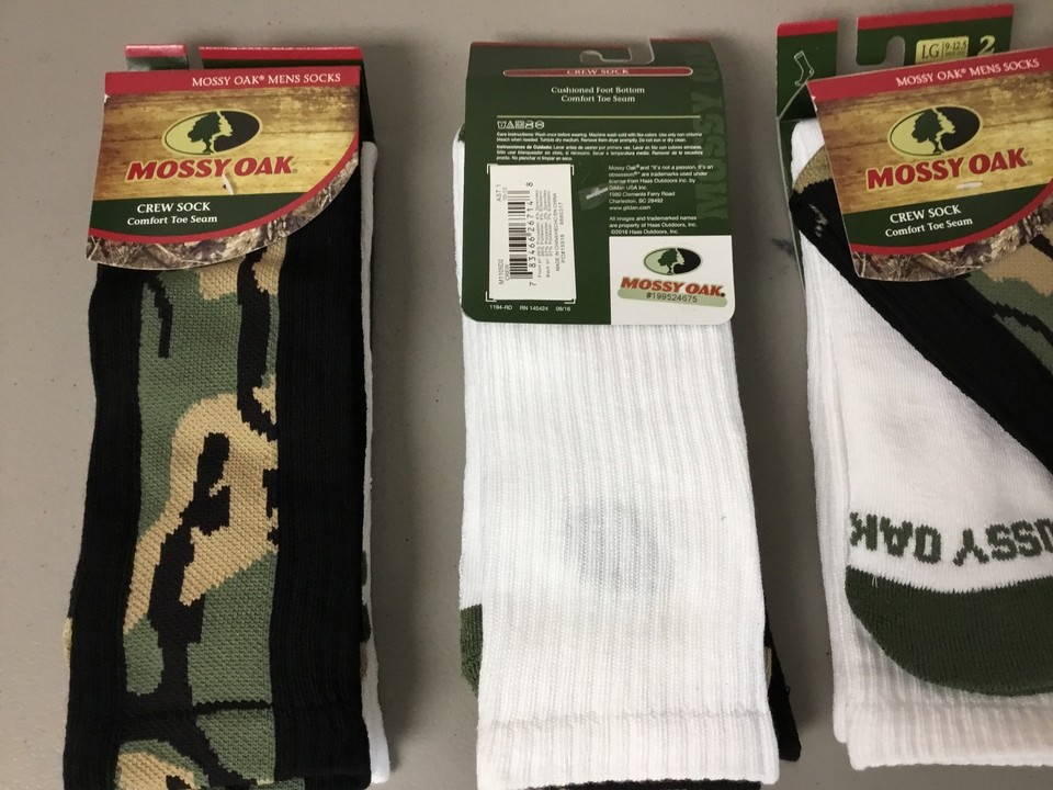 NWT Men's Mossy Oak Crew Socks Size Large 6 Pair Camo / White #681Z | eBay