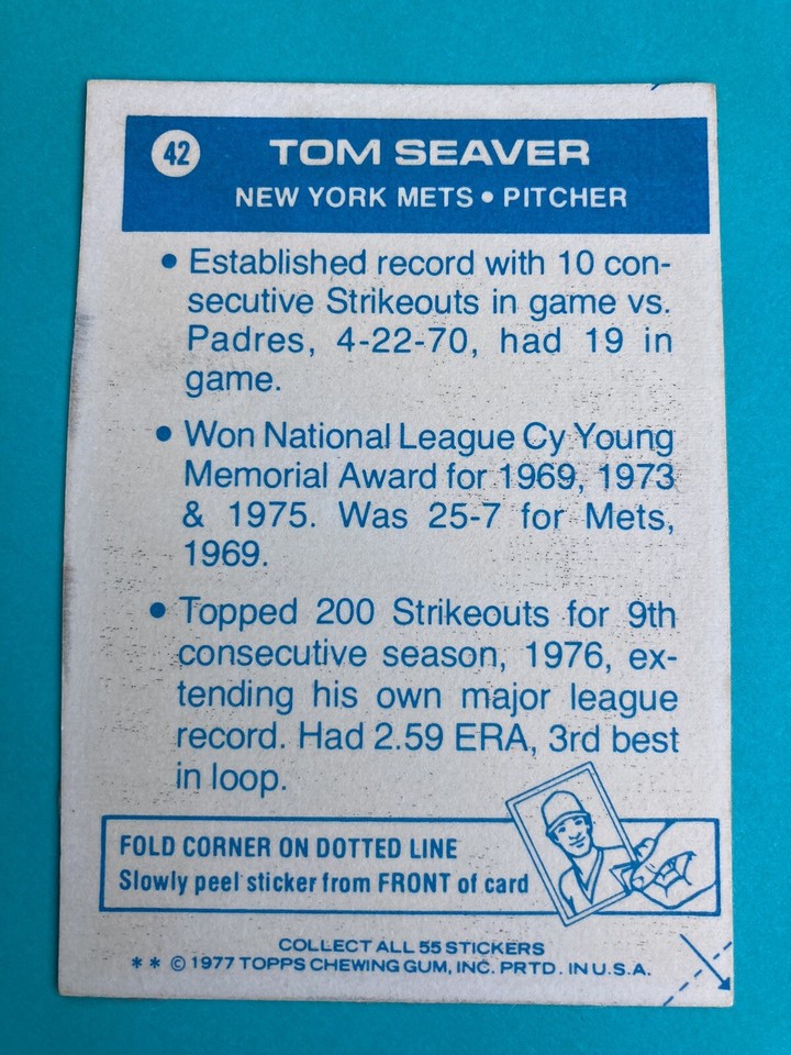 1977 Topps Cloth Stickers #42 Tom Seaver - HOF - New York Mets - Nr Mt ...