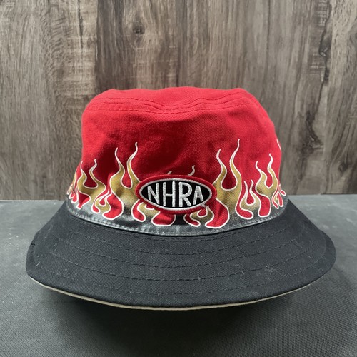 Vintage NHRA Drag Racing Flame Reversible Bucket Sun Hat Red Khaki OSFA ...