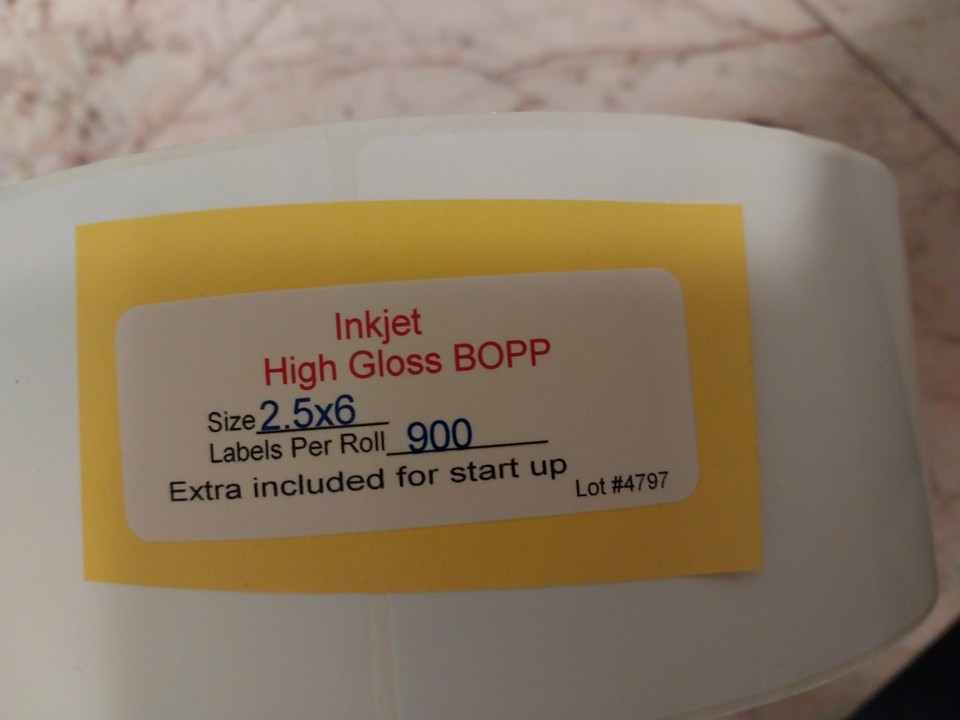 2.5" x 6" x 900 Labels, White Gloss BOPP Roll Inkjet Labels, 3" Core ...