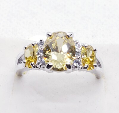 Solid 925 sterling silver canary cubic zirconia 3-stone ring YCOR | eBay