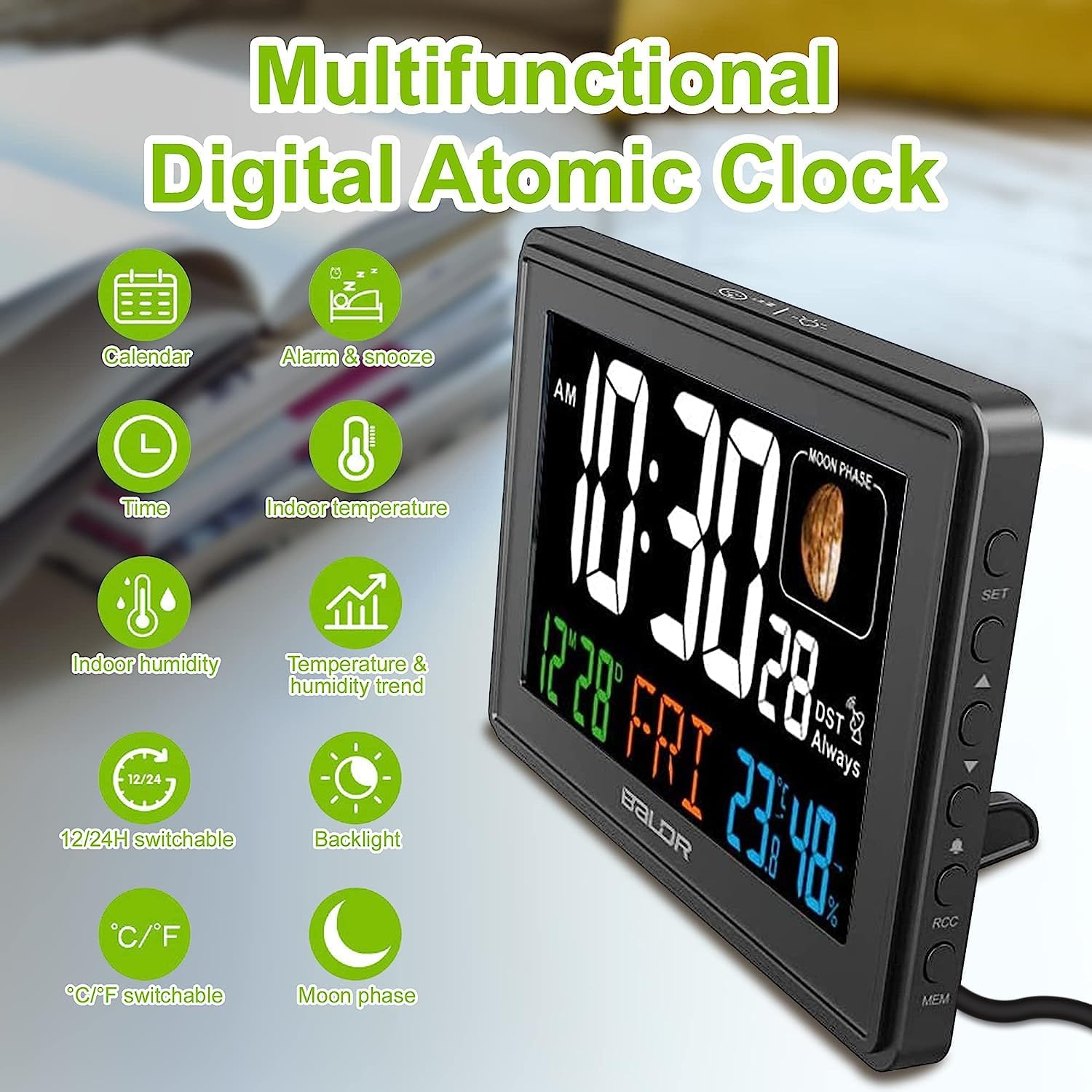 Atomic Alarm Clock - Large Color Display Digital Desk Clock - with ...