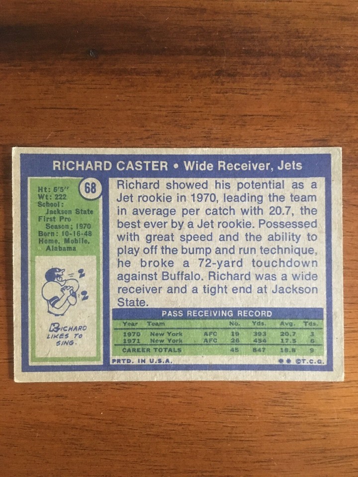1972 Topps Football #68 Richard Caster New York Jets | eBay