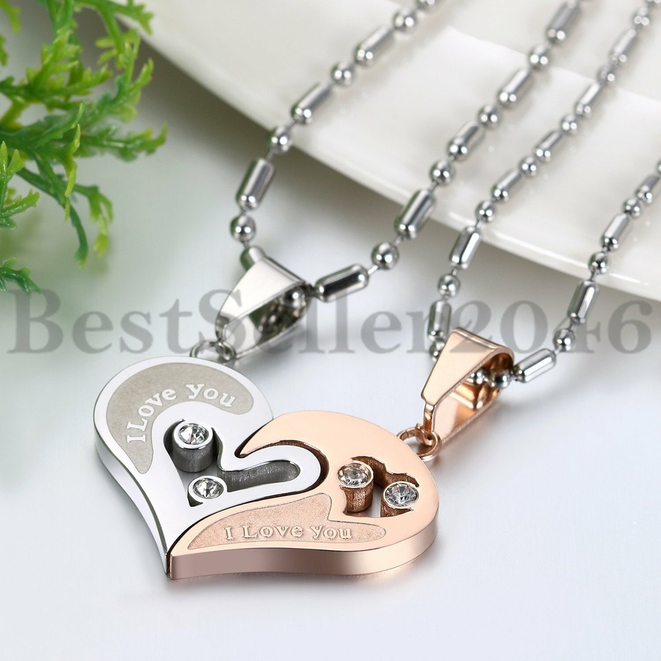 2pcs I Love You Matching Heart Couple Necklace His&Hers Stainless Steel ...