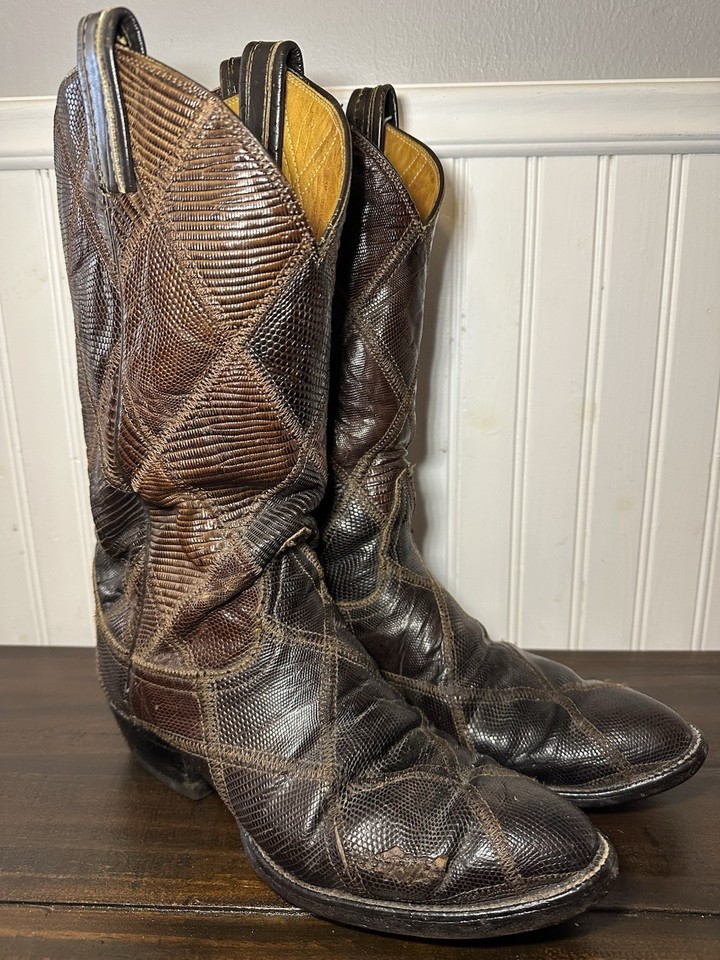 VTG Tony Lama Gold Label Full Patchwork Lizard Exotic Cowboy Boots M-8D ...