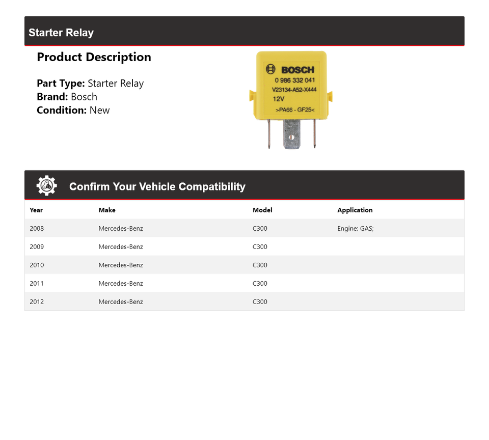 For 2008-2012 Mercedes C300 Bosch Starter Relay 2009 2010 2011 | eBay