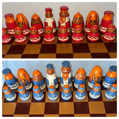 Vintage Russian Chess Set Hand Painted Wooden Complete 32 Pc Game Board ...