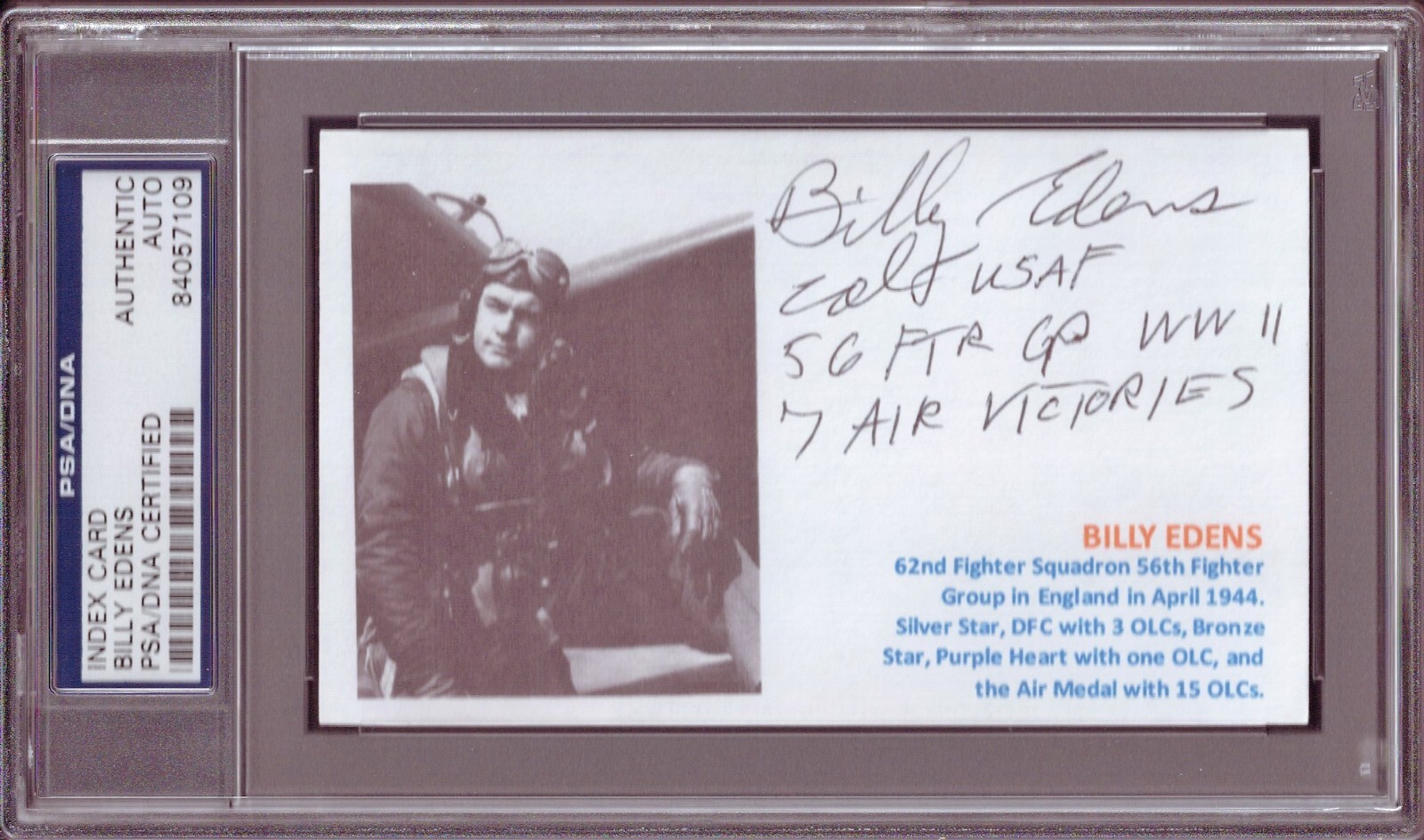 Billy Edens Autographed Signed Air Force Fighter Ace Wwii 3X5 Index ...