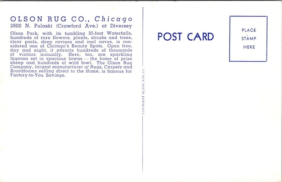Waterfalls and Rock Garden Olson Rug Factory Chicago Illinois Postcard ...