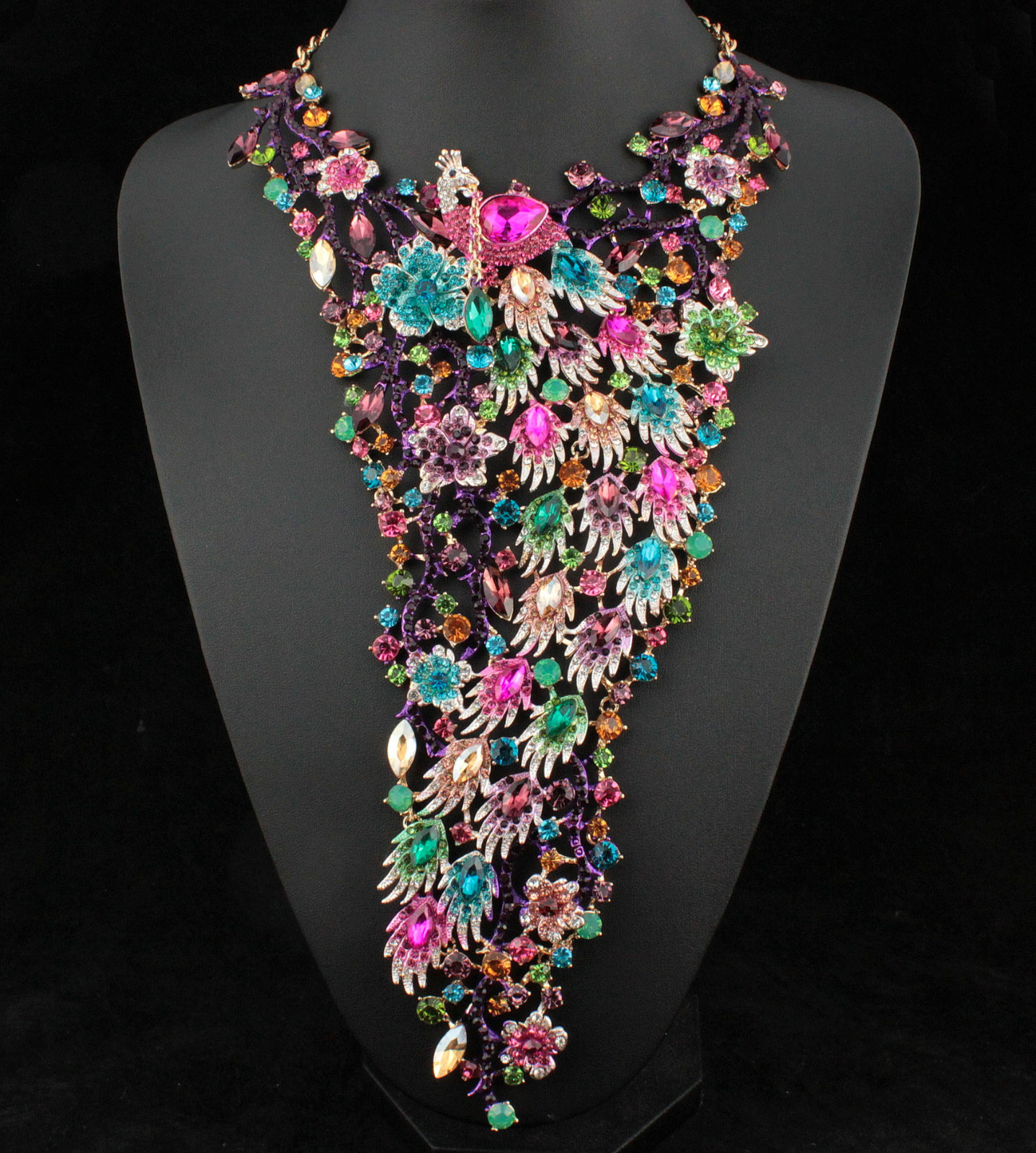 Giant Beauty Queen Peacock Multi-Color Rhinestone Necklace Earrings Set ...