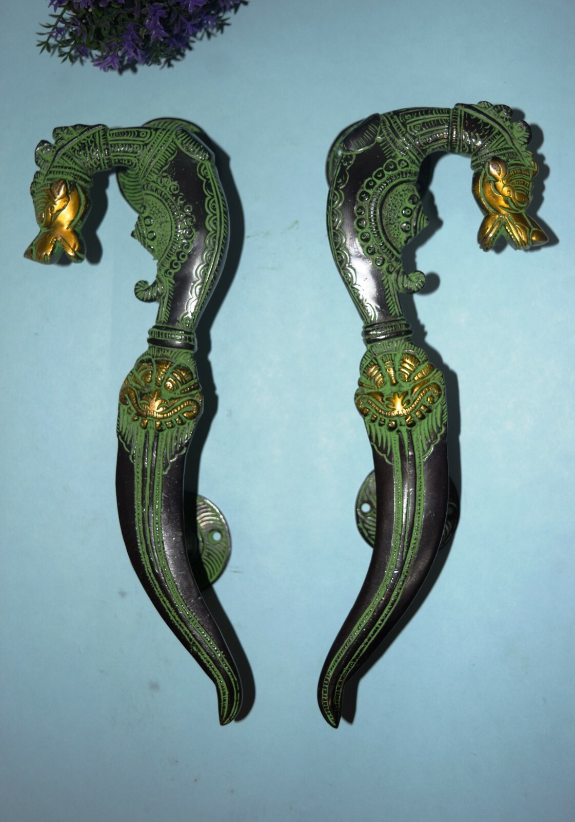 Brass Thunder Dragon Shape Handle Set Handmade Engraved Yali Face Door ...