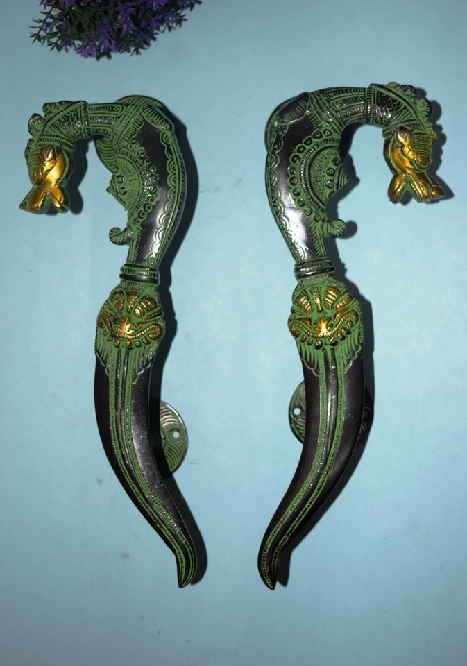 Brass Thunder Dragon Shape Handle Set Handmade Engraved Yali Face Door ...
