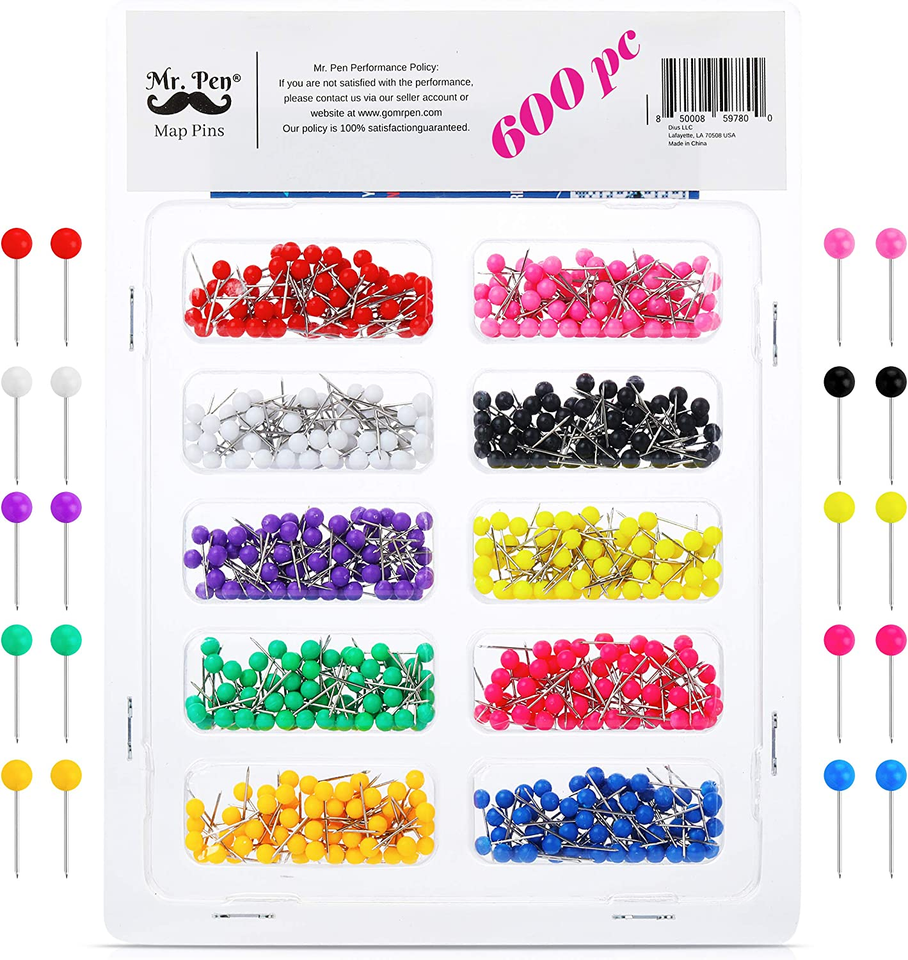 Mr. Pen- Map Pins Push Pins for Cork Board 600 Pack 10 Colors Straight ...