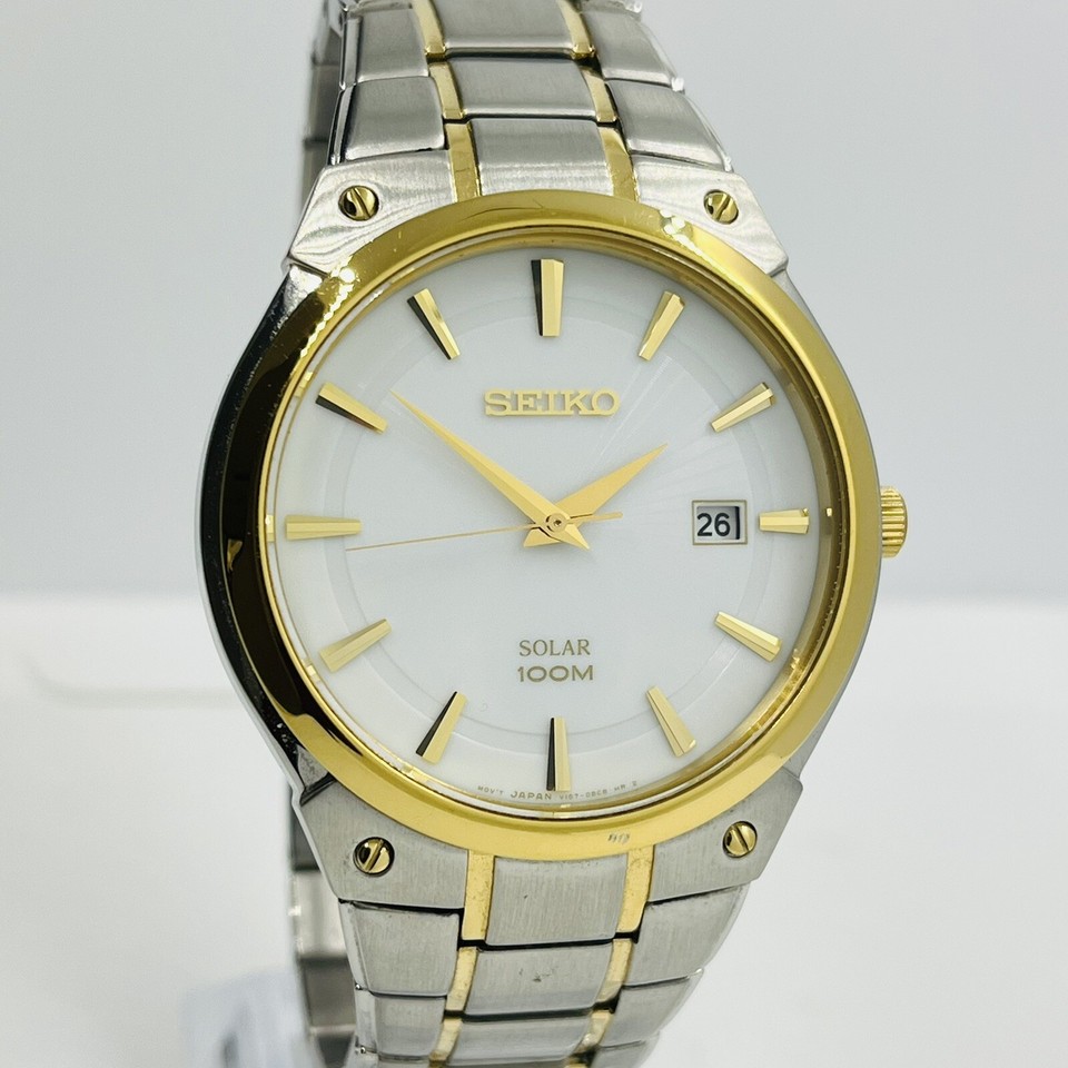 Seiko Men's Solar Two Tone White Dial Stainless Steel 41mm Watch ...