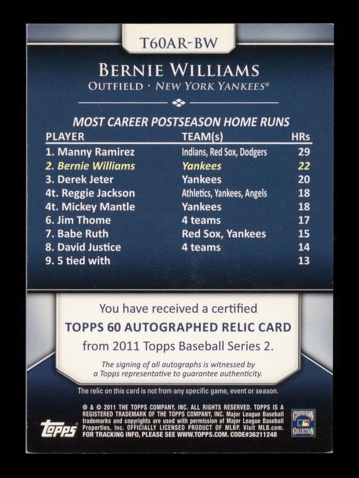 2011 Topps 60: #T60R-BW Bernie Williams Relic Auto /50 NM-MT OR BETTER ...