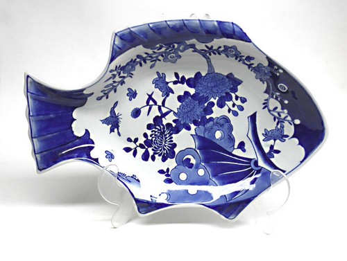 Vtg Chinese Fish Platter Bowl Serving Tray Blue White Plate Dish ...