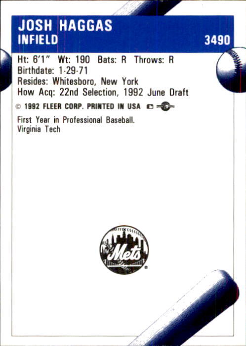 1992 Gulf Coast Mets Fleer/ProCards 3490 Josh Haggas Whitesboro New ...