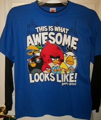 Angry Birds This is Awesome Blue Black Long Sleeve Shirt Boys Size XL ...