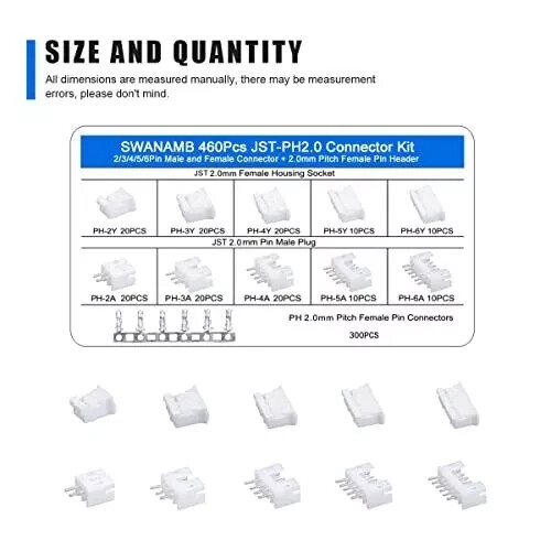 460PCS JST PH2.0 Connector kit 2/3/4/5/6Pin Plug with Terminal Wires ...