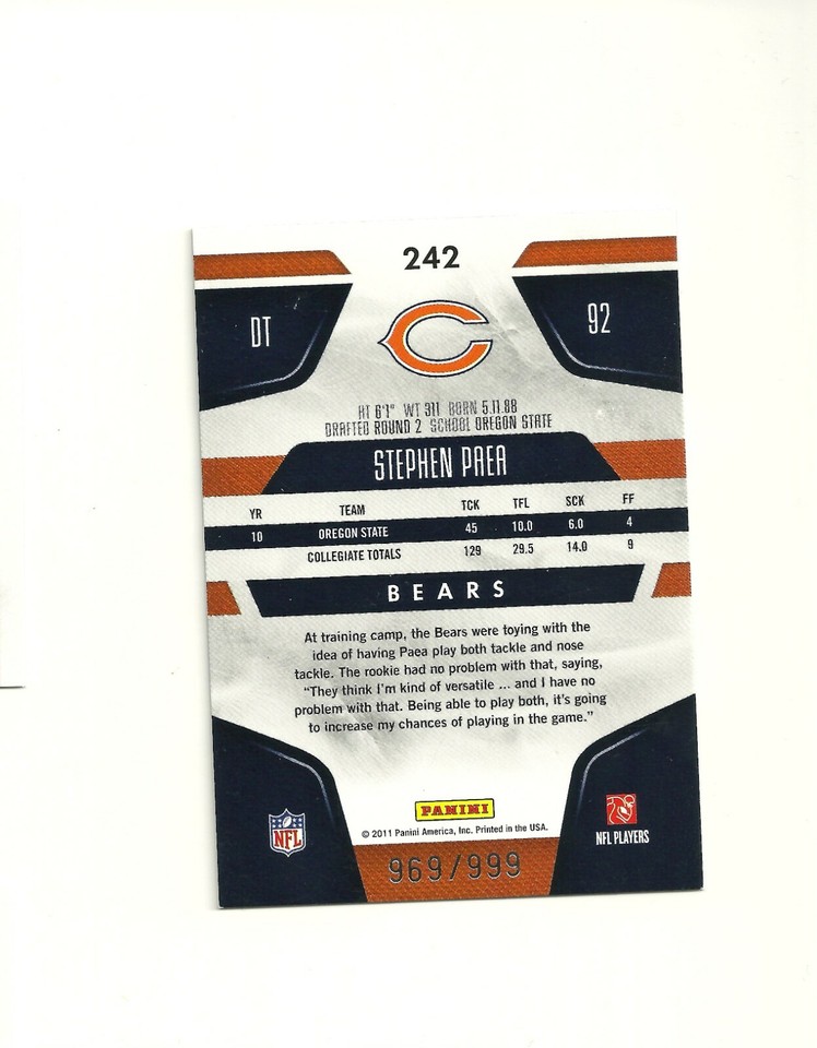2011 Certified #242 Stephen Paea /999 RC Chicago Bears Oregon State ...
