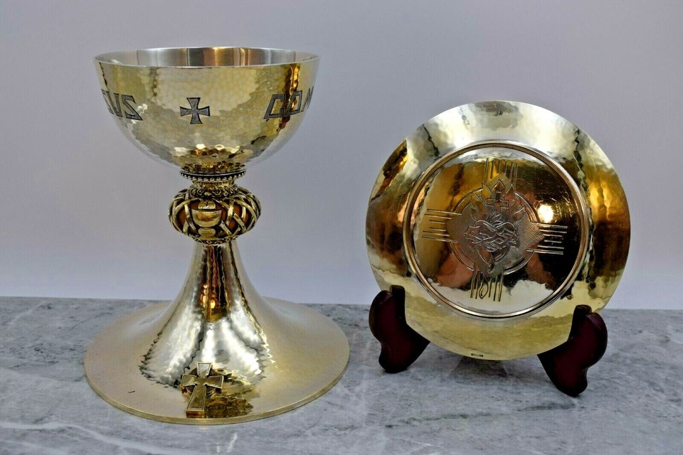+ Ornate Vintage All Sterling Silver Chalice & Paten Set + Hand Crafted ...