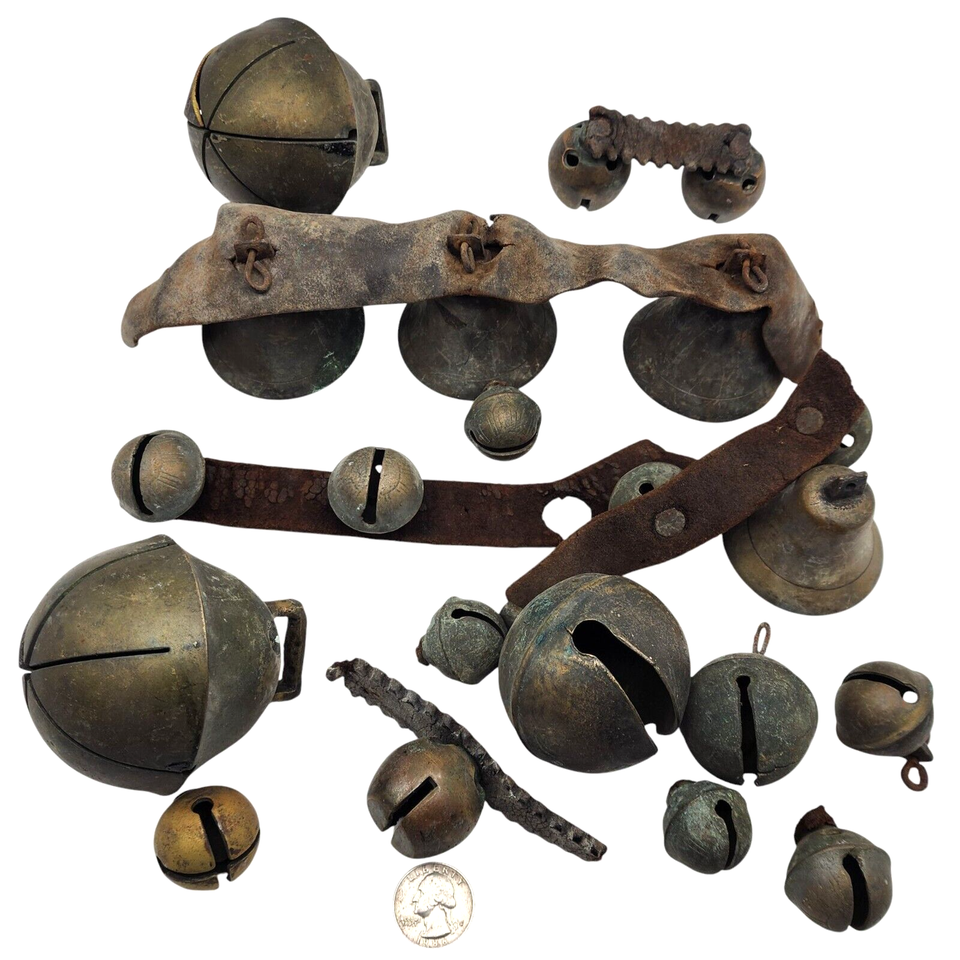 ANTIQUE Large Lot of Brass Sleigh Bells Miscellaneous Types / Sizes ...