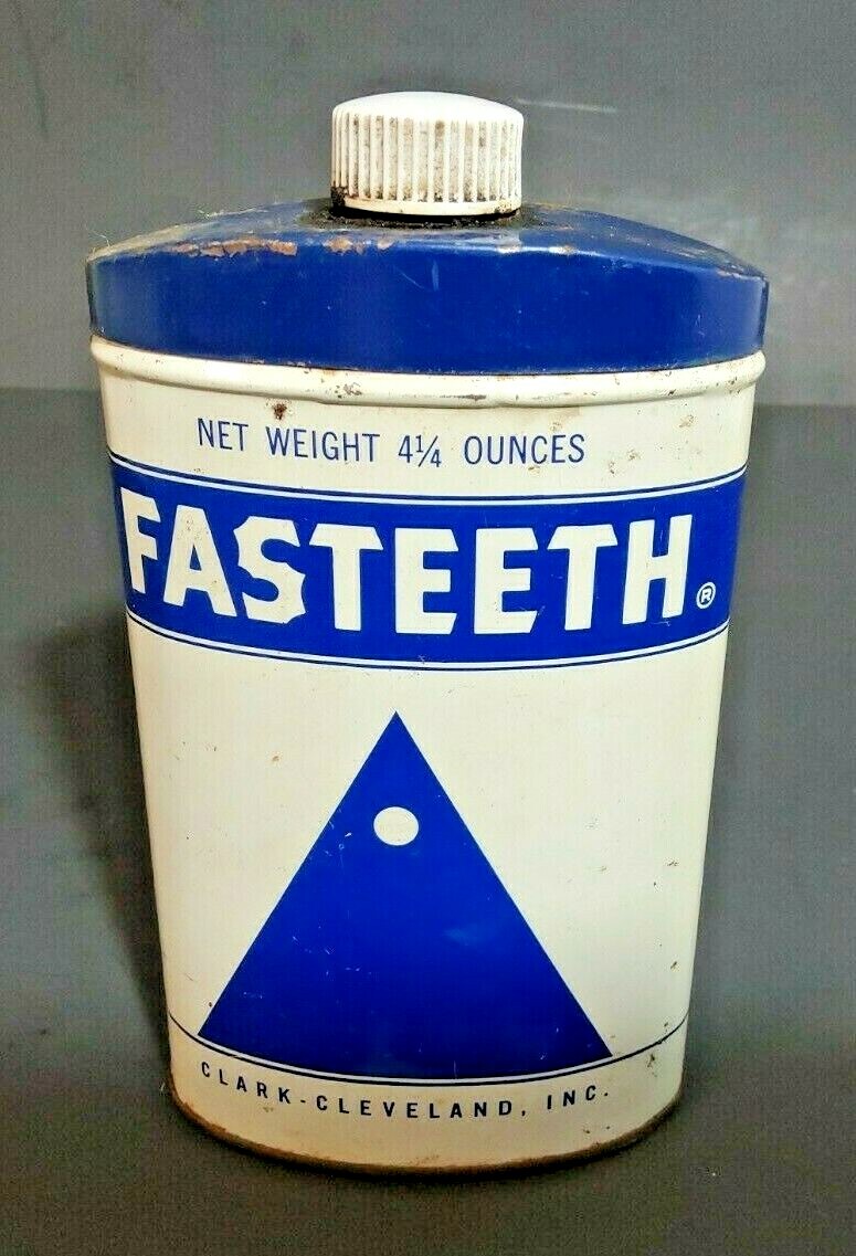 Vintage Fasteeth Denture Powder Adhesive Advertising Tin | eBay