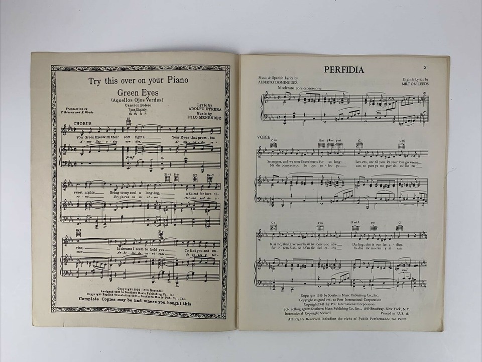 Perfidia 1939, 1941 Vintage Piano, Guitar Sheet Music Song Book Jimmy ...