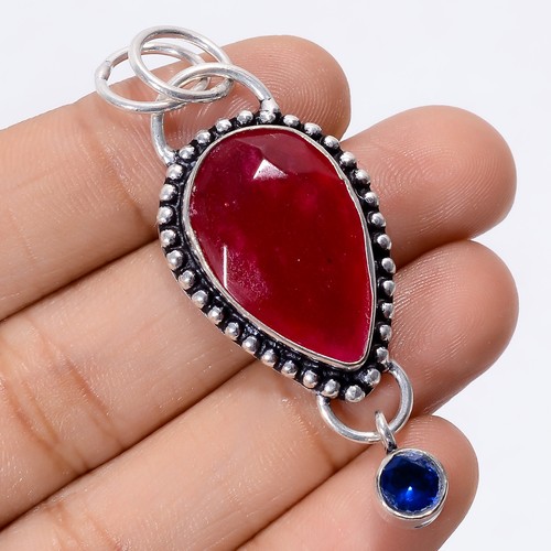 Lab-Created Pink Ruby Sapphire Gemstone 925 Silver Handmade Pendant 2.1 ...