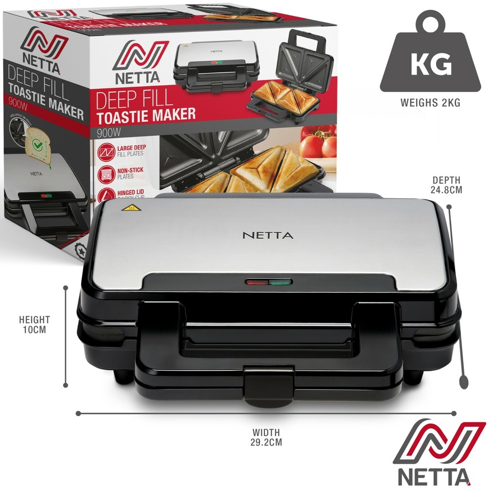 NETTA Deep Fill Toastie Maker 900W - Fit LARGE Bread - 2 Slice Sandwich ...