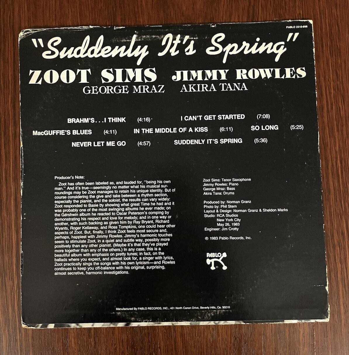 ZOOT SIMS SUDDENLY IT'S SPRING LP- Pablo 2310-898 1983 -SIGNED-Tested ...